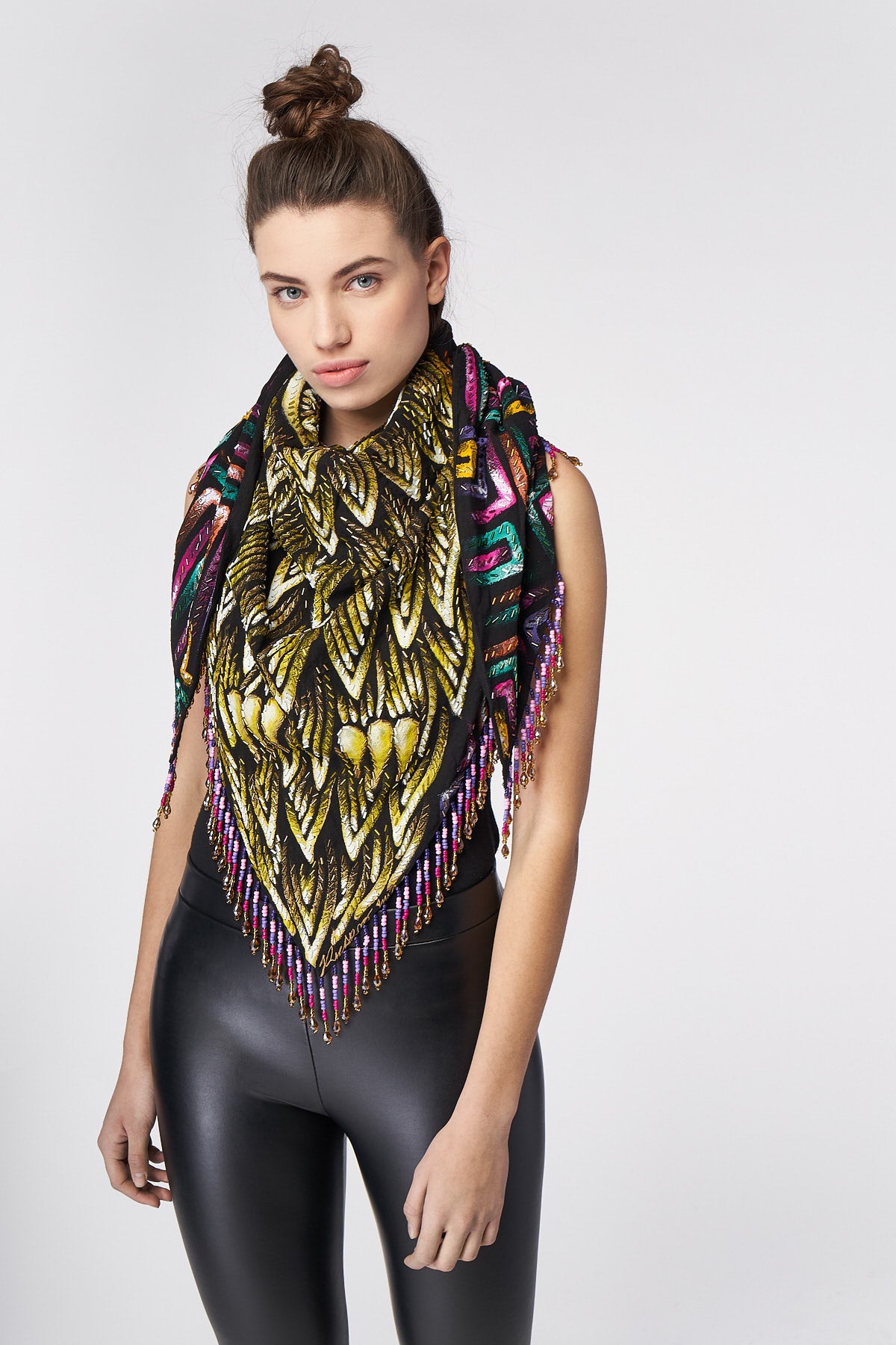 HAND-PAINTED AND HAND-EMBROIDERED TRIANGULAR SHAWL WITH BEADED FRINGE ...