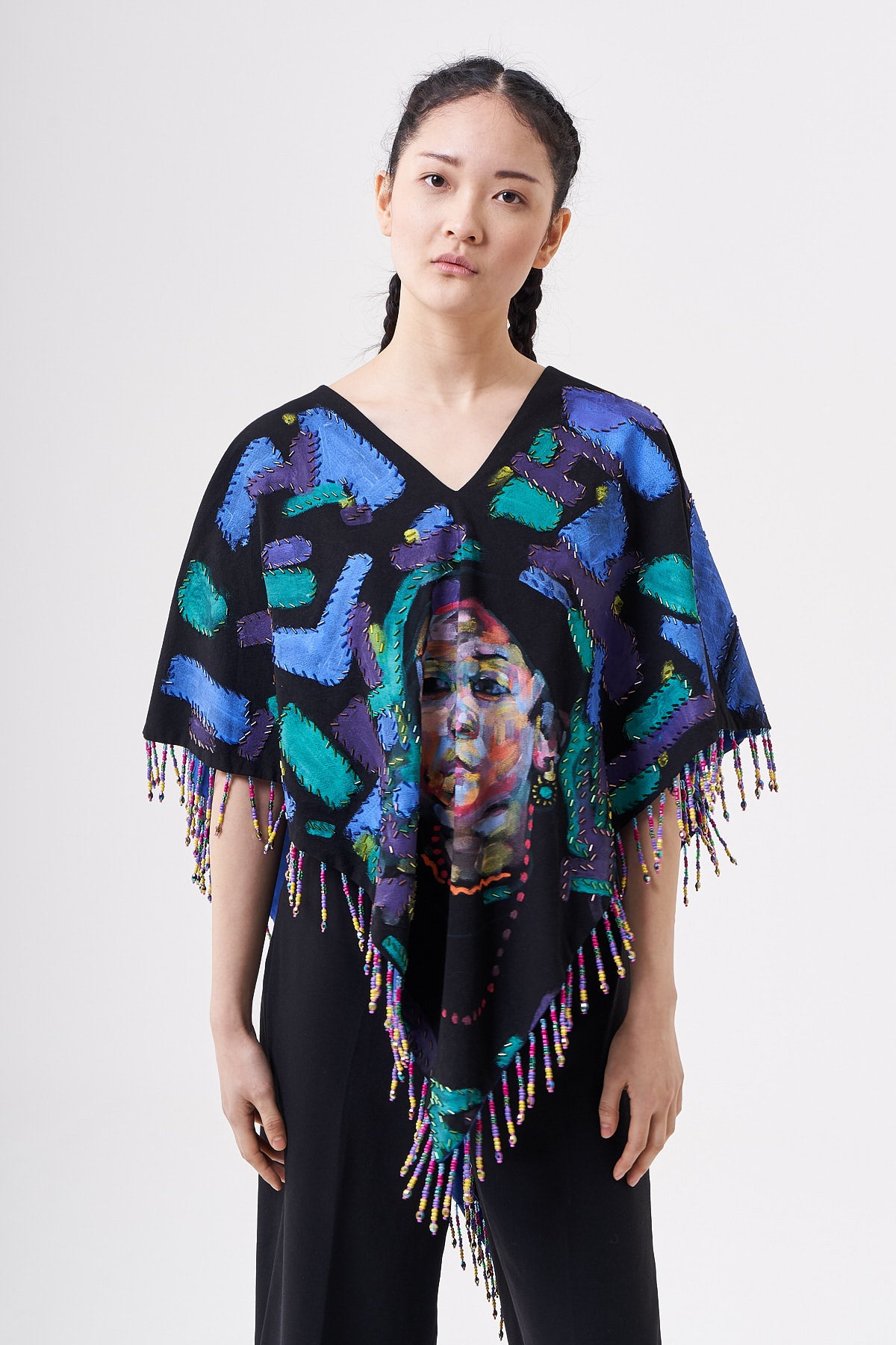 HAND PAINTED PONCHO WITH BEADED FRINGE - INDIGENAS – Sindashi